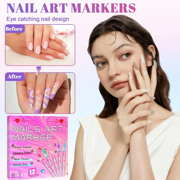 12 Colors Diy Nail Art Pens Set, Nail Art Markers with Gel Nails, Diy ...