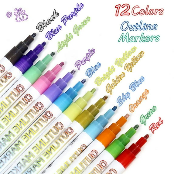 12 Colors Double Line Outline Pens Shimmer Markers Outline Metallic ...