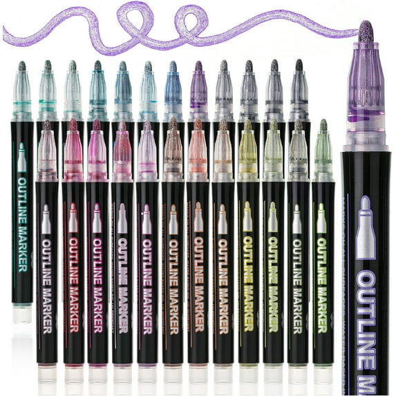 12 Colors Double Line Self-Outline Metallic Markers – Craft Outline ...