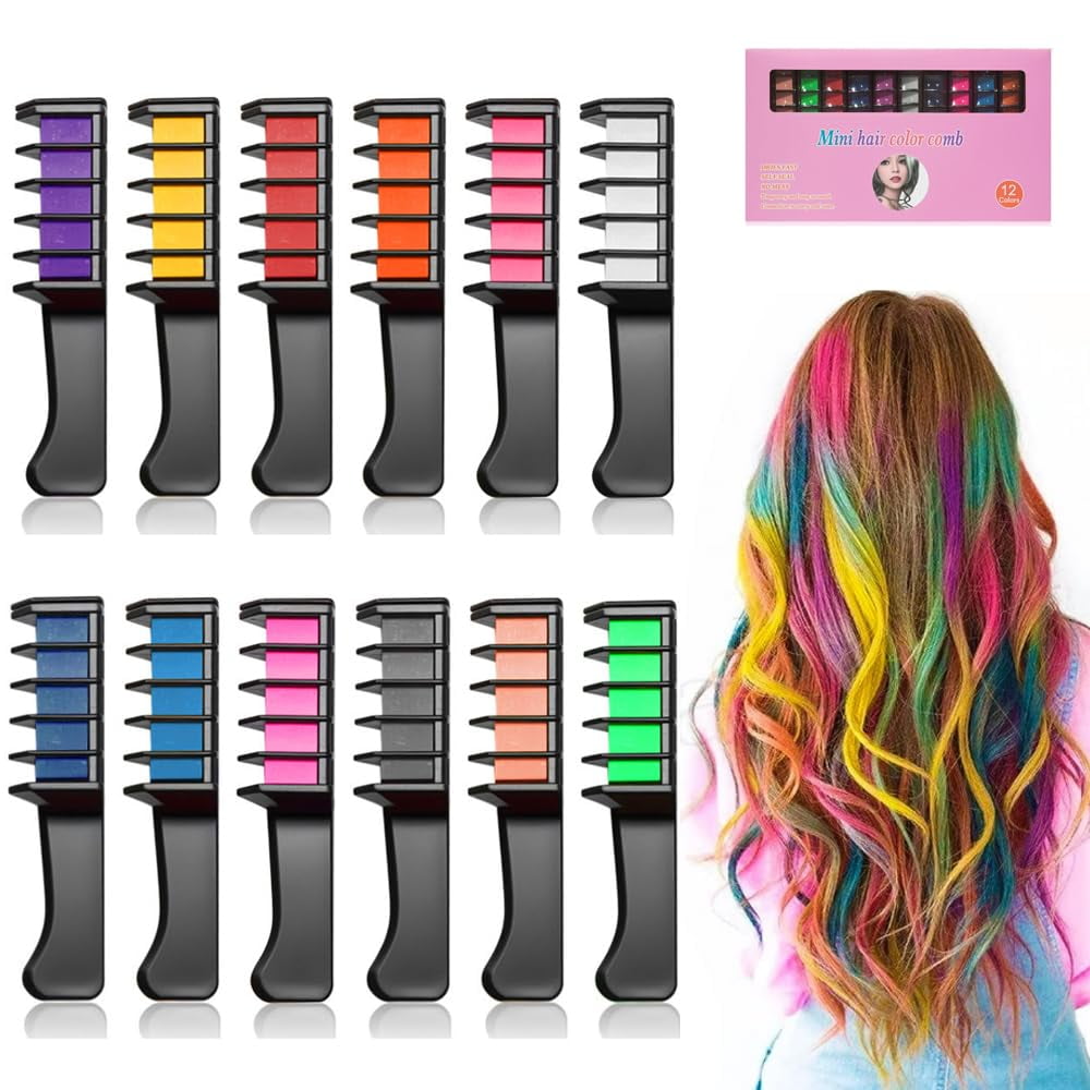 12 Colors Festive Fun Hair Chalk Combs, 2026 New Temporary Glitter Hair ...