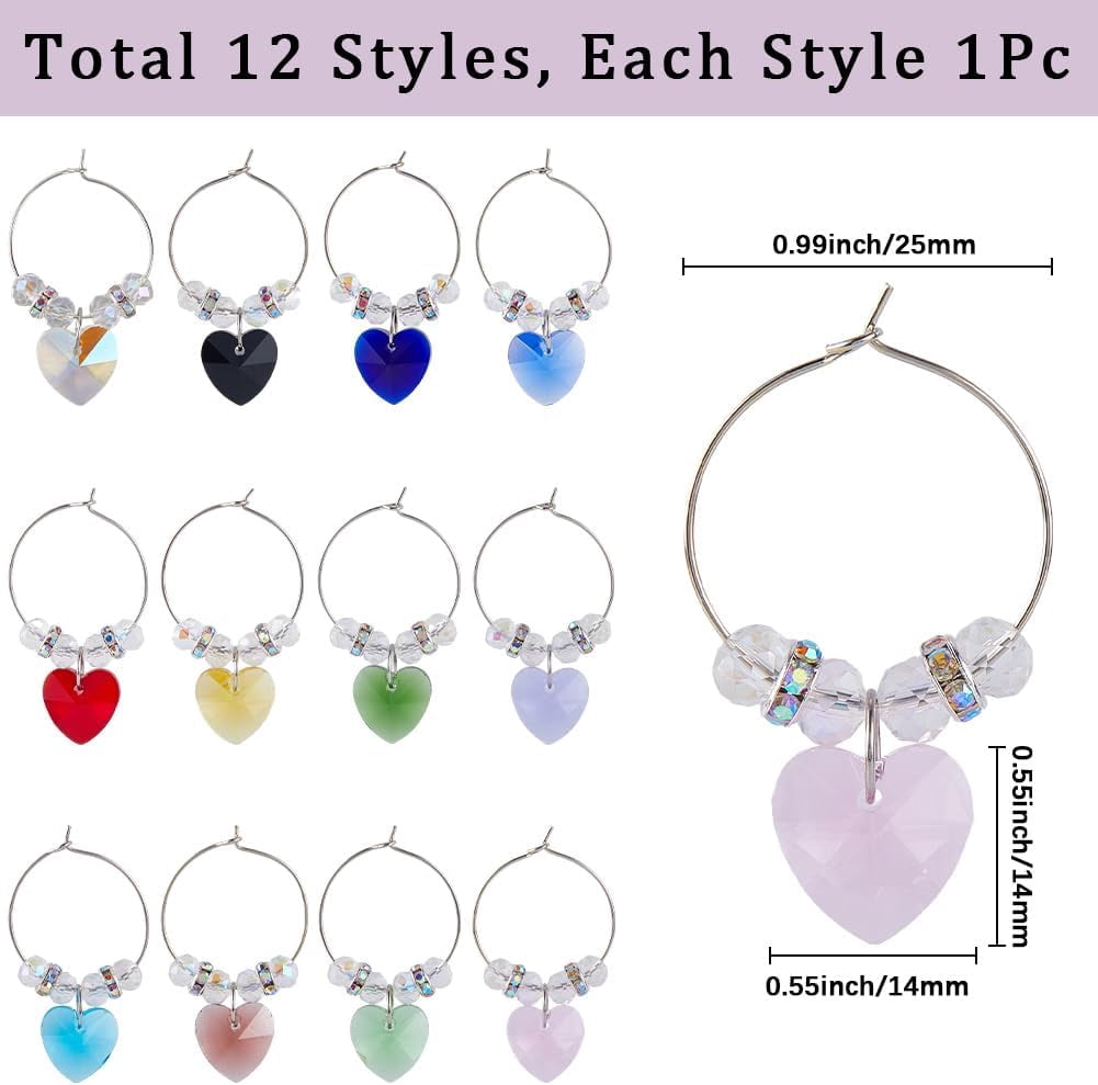 12 Colors Heart Wine Glass Charms Glass Stem Charms Bulk Muti Color ...