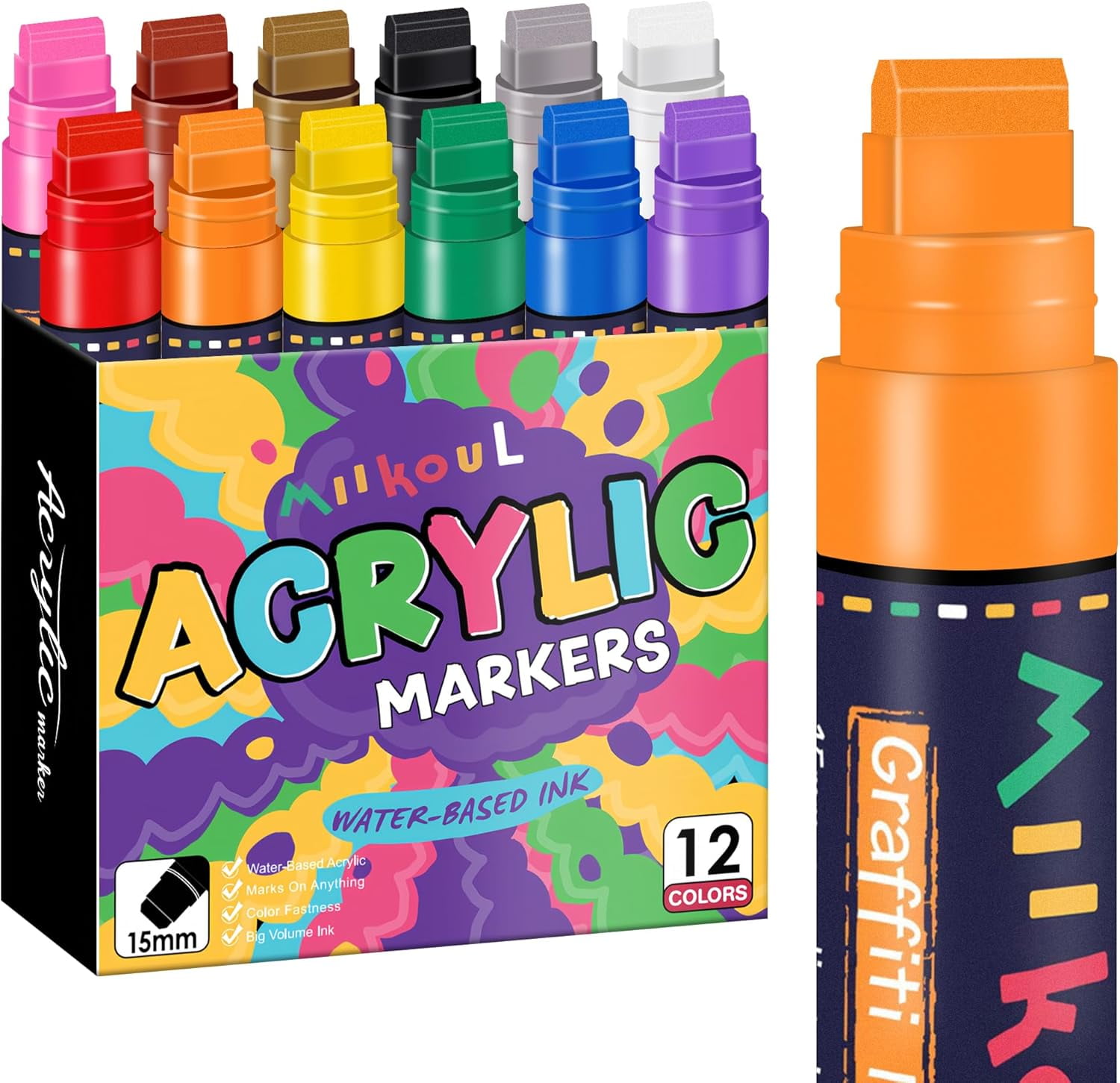 12 Colors Jumbo Graffiti Markers, Large 15mm Felt Tip Permanent Acrylic ...
