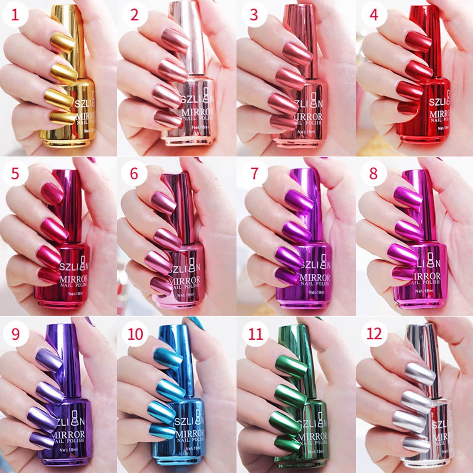 12 Colors Metallic Nail Polish Set - Shimmering Glossy Long-Lasting Non ...