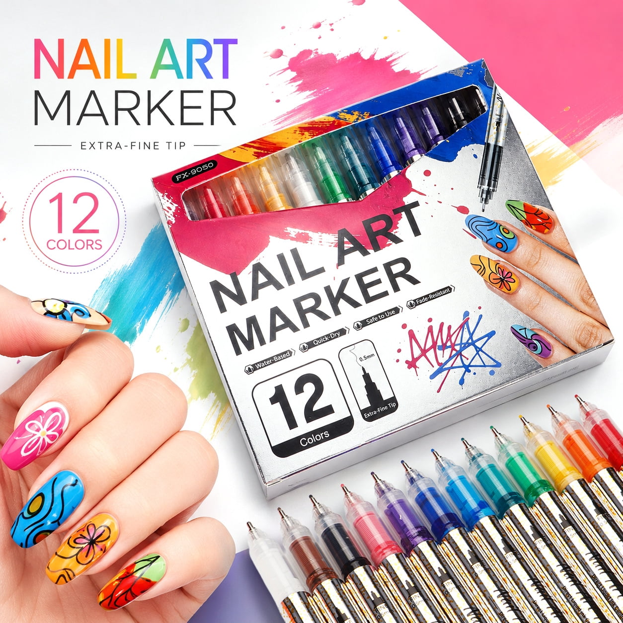 12 Colors Nail Art Marker Pens Set, 0.5mm Extra Fine Tip Nail Art Pen ...