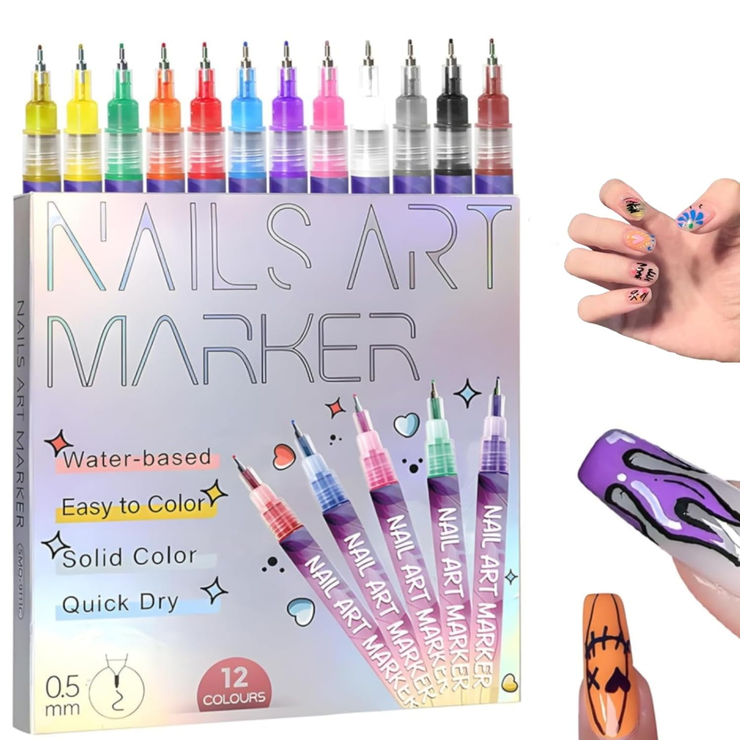 12 Colors Nail Art Marker Pens Set, 2026 Upgraded Fine Tip Drawing ...