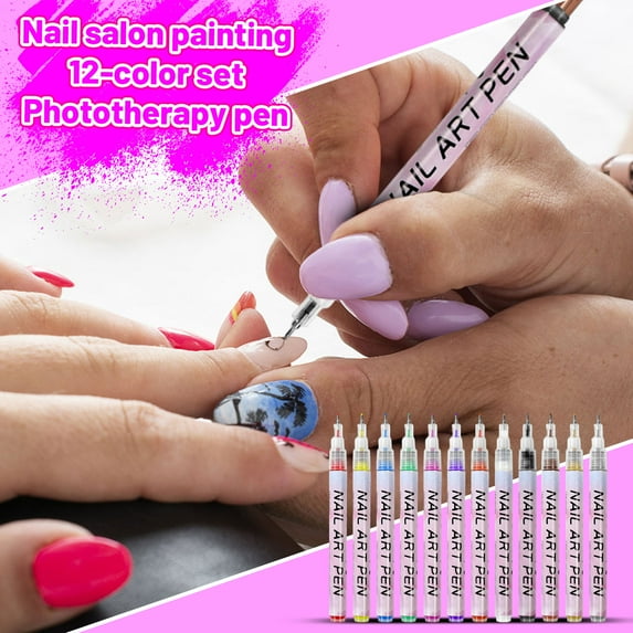 12 Colors Nail Art Marker Set (36ml) with 0.5mm Tip, Quick-Dry Water ...