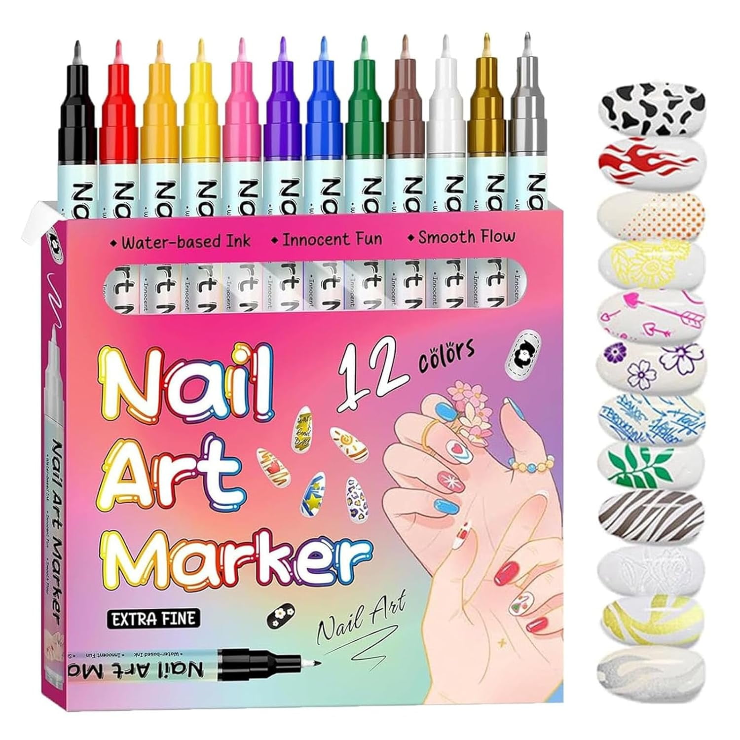 12 Colors Nail Art Pens, DoodleBoard Nail Art Markers, Quick Dry ...