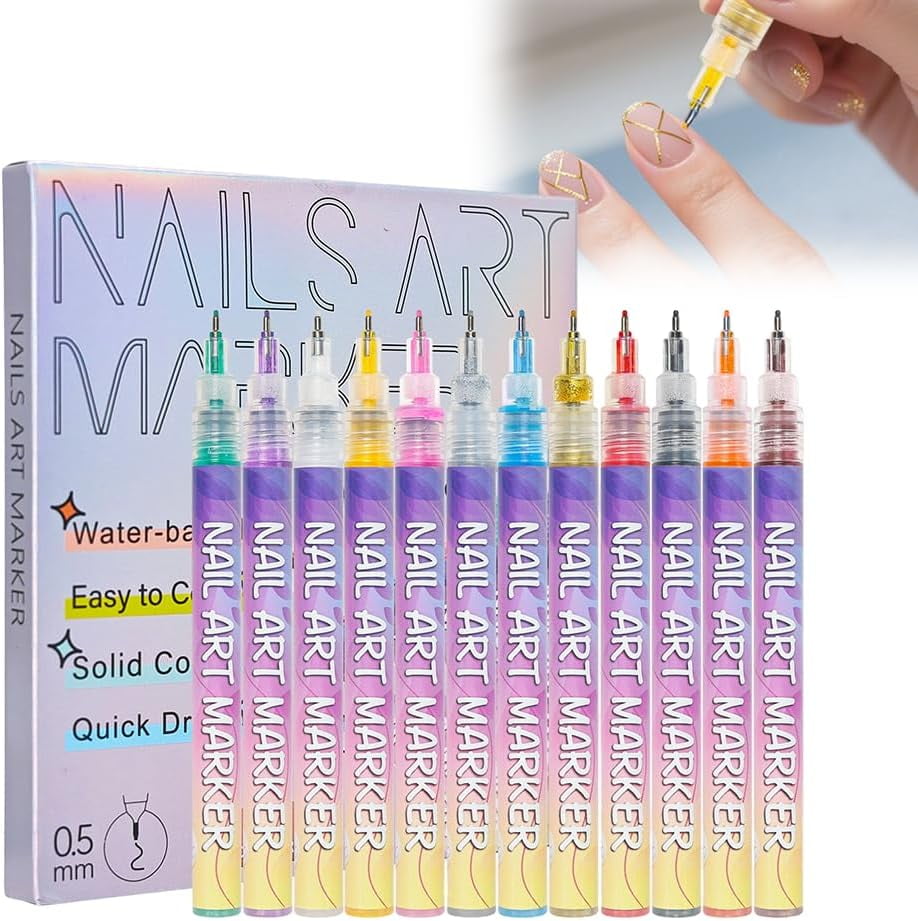 12 Colors Nail Art Pens Set - 0.5mm Fine Tip Acrylic Nail Polish ...