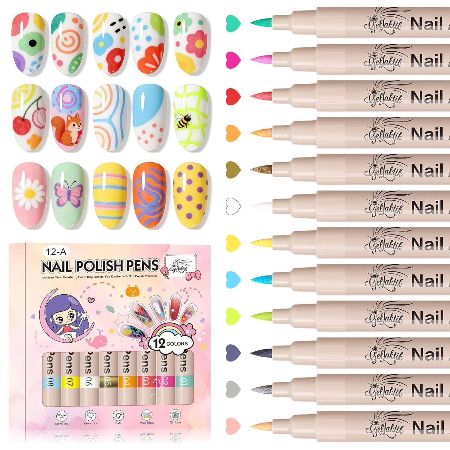 12 Colors Nail Art Pens Set, 3D Nail Color Pens, Quick-Drying Acrylic ...