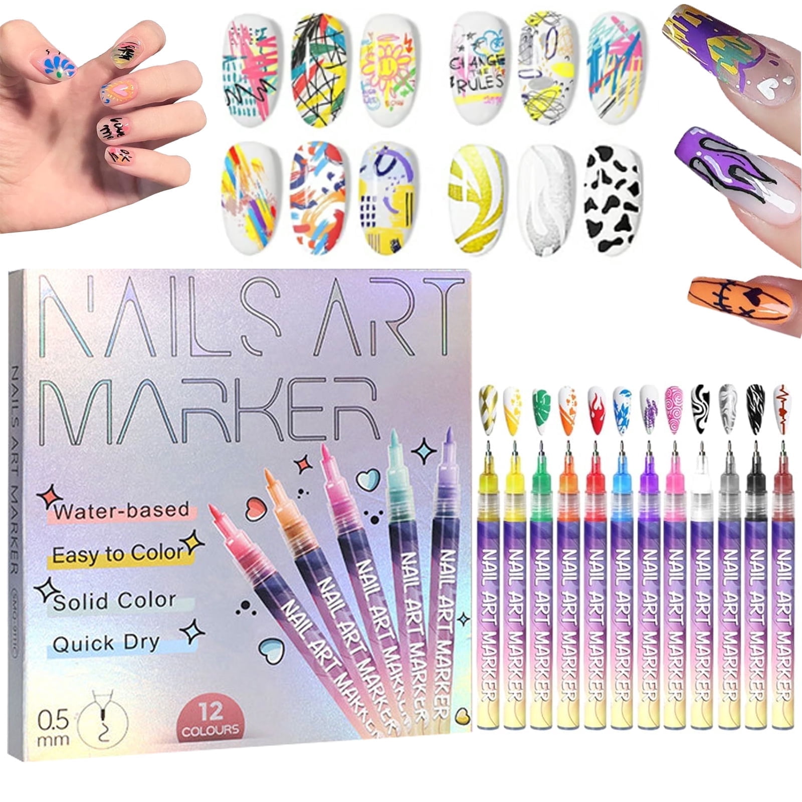 12 Colors Nail Art Pens Set, DIY Nail Art Markers for Gel Nails, 3D ...