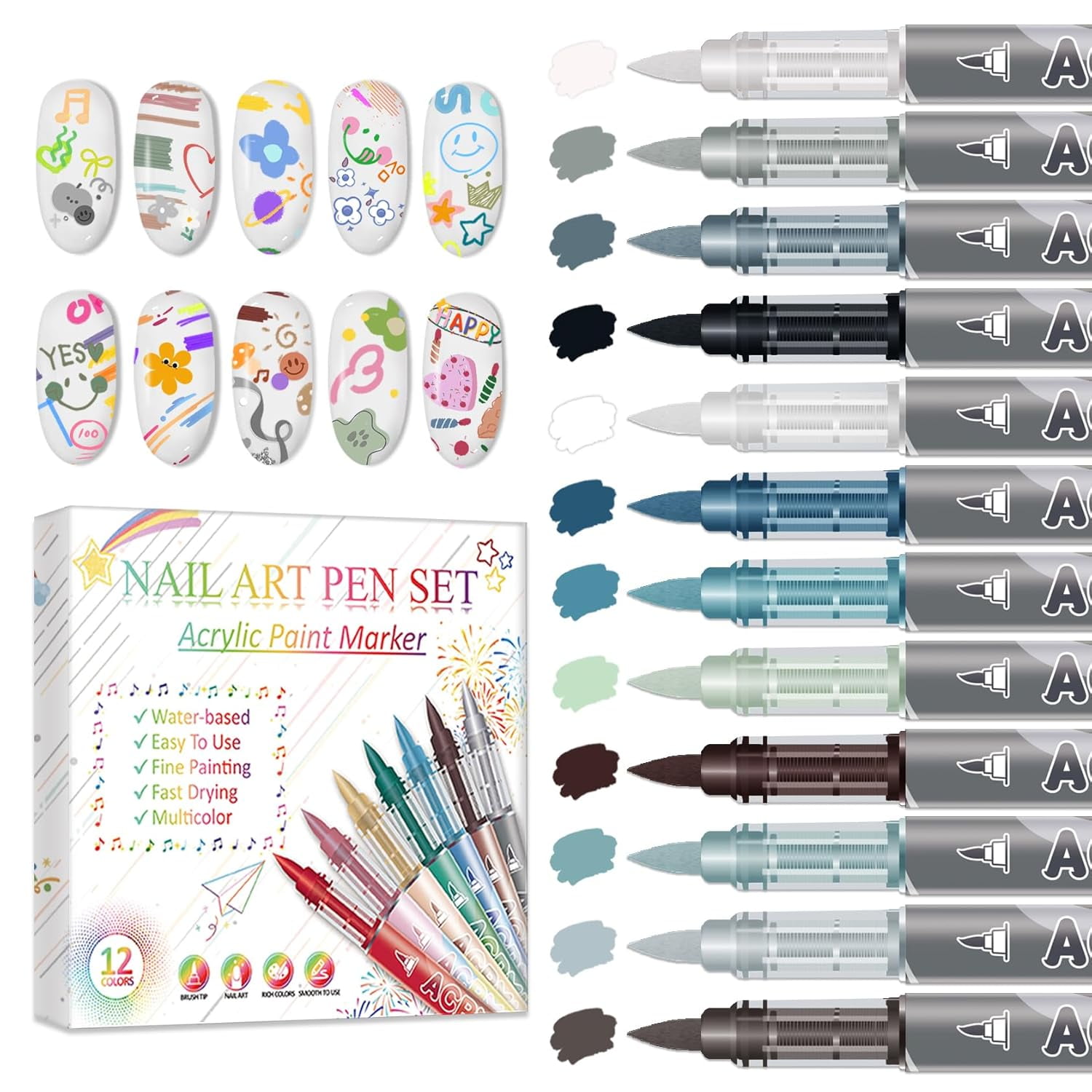 12 Colors Nail Art Pens Set, Nail Art Markers Polish Pens for Painting ...