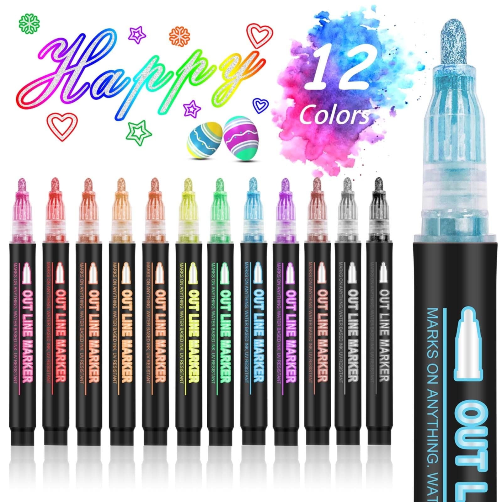 12 Colors Outline Markers, Double Line Shimmer Marker Pens for Holiday ...