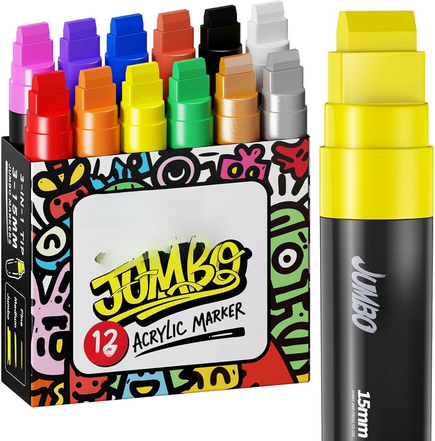 12 Colors Poster Markers, 15MM Thick Permanent Graffiti Markers, Wide ...