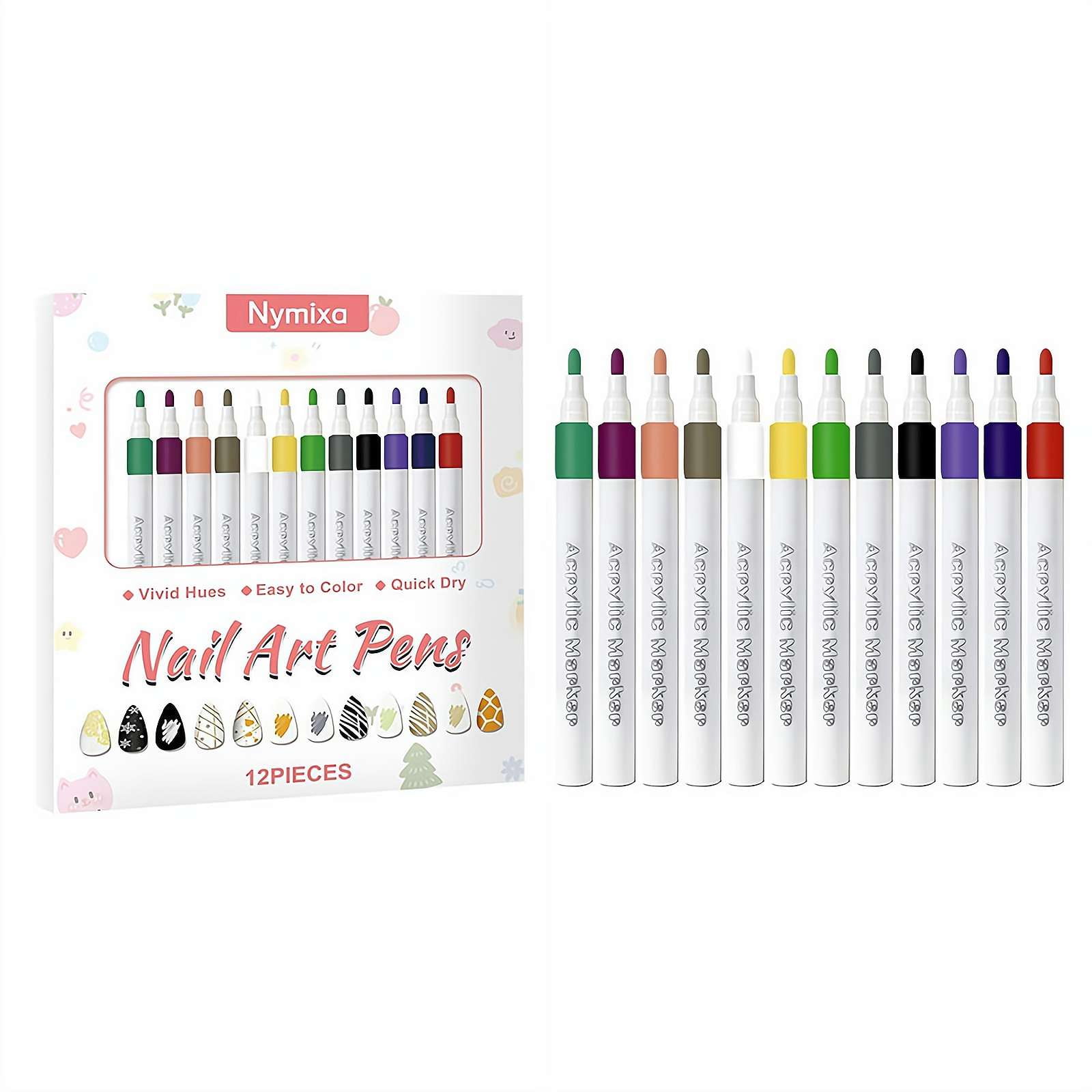 12 Colors Quick-Drying Nail Art Pens Set, Acrylic Paint Markers for DIY ...