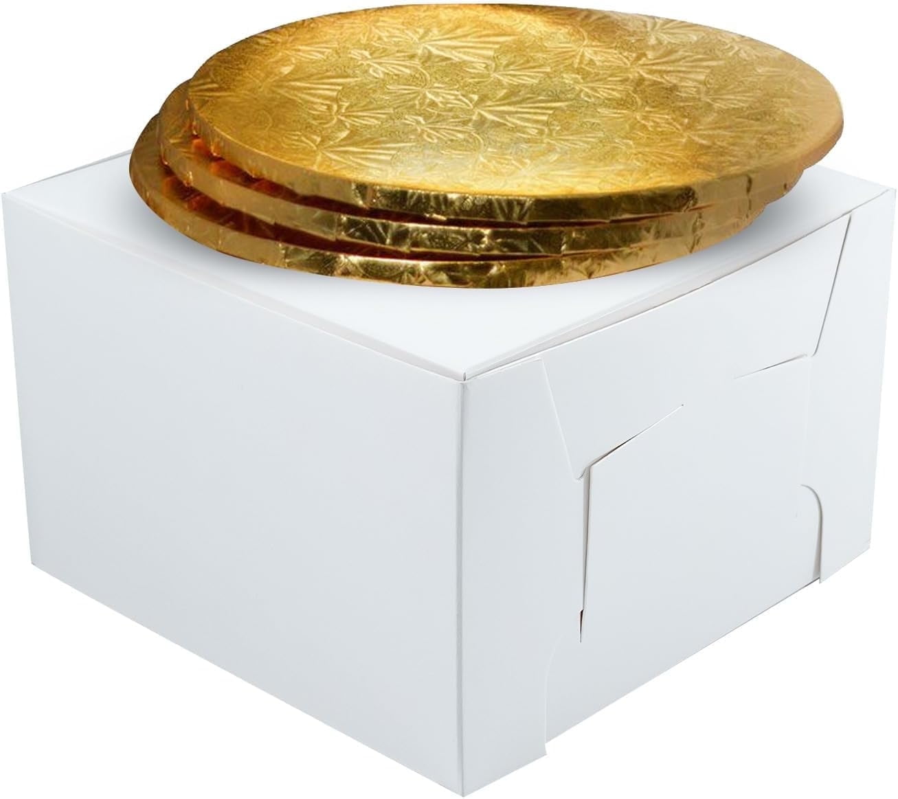 12" Combo Box Set - 12x12x6 White Cake Box with 12" Gold Round Drum 1/2 ...