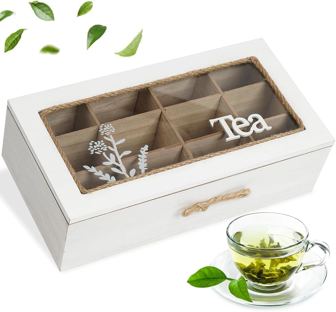 12-Compartment Wood Tea Box – Rustic Tea Bag Organizer & Storage for ...
