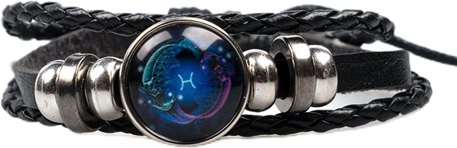 12 Constellation Black Leather Bracelet Punk Multilayer Braided Rope ...