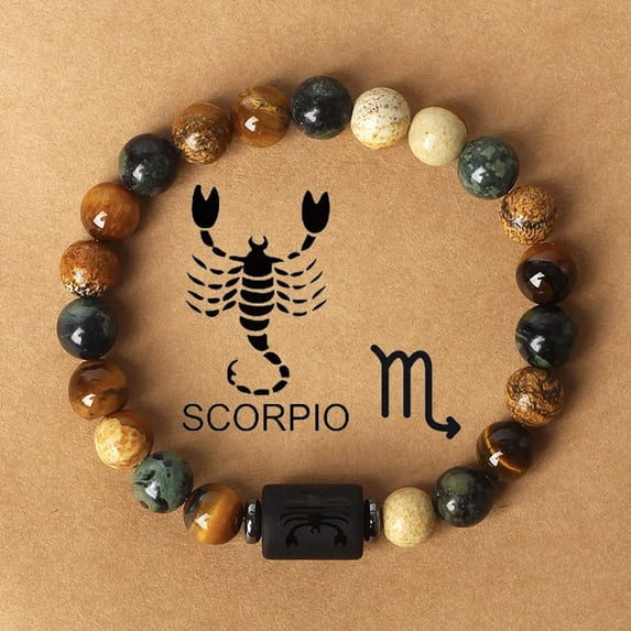 12 Constellations Natural Tiger Eye & Picture Jasper Round Beaded ...
