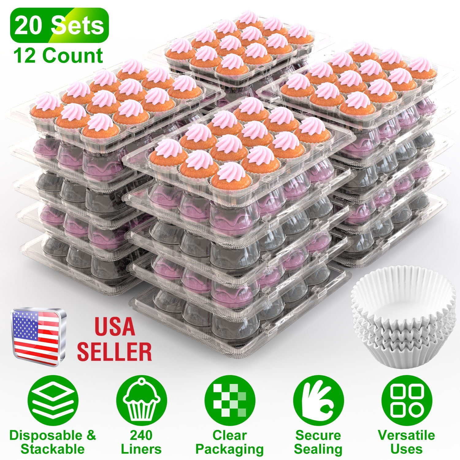 12 Count 20 Set Disposable Stackable Cupcake Carrier Holders with 240 ...
