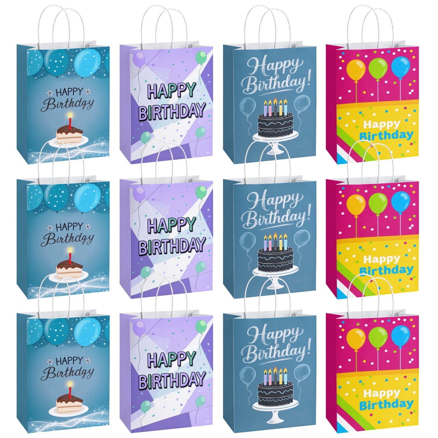 12 Count Colorful Birthday Themed Paper Bags, Cake & Balloon Design ...