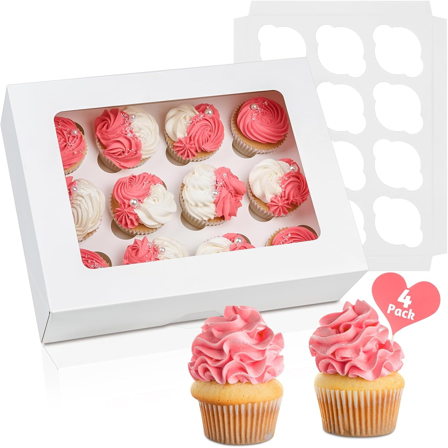 12 Count Cupcake Boxes, 4 Pack Auto-Popup White Cupcake Containers with ...