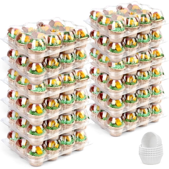 (12 Count x 12 Sets) Cupcake Containers with 144 Liners, Thick Plastic ...