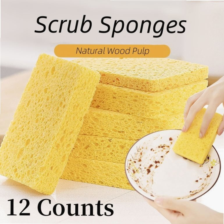 12 Counts Non-Scratch Natural Scrub Sponges,Compressed Wood Pulp ...
