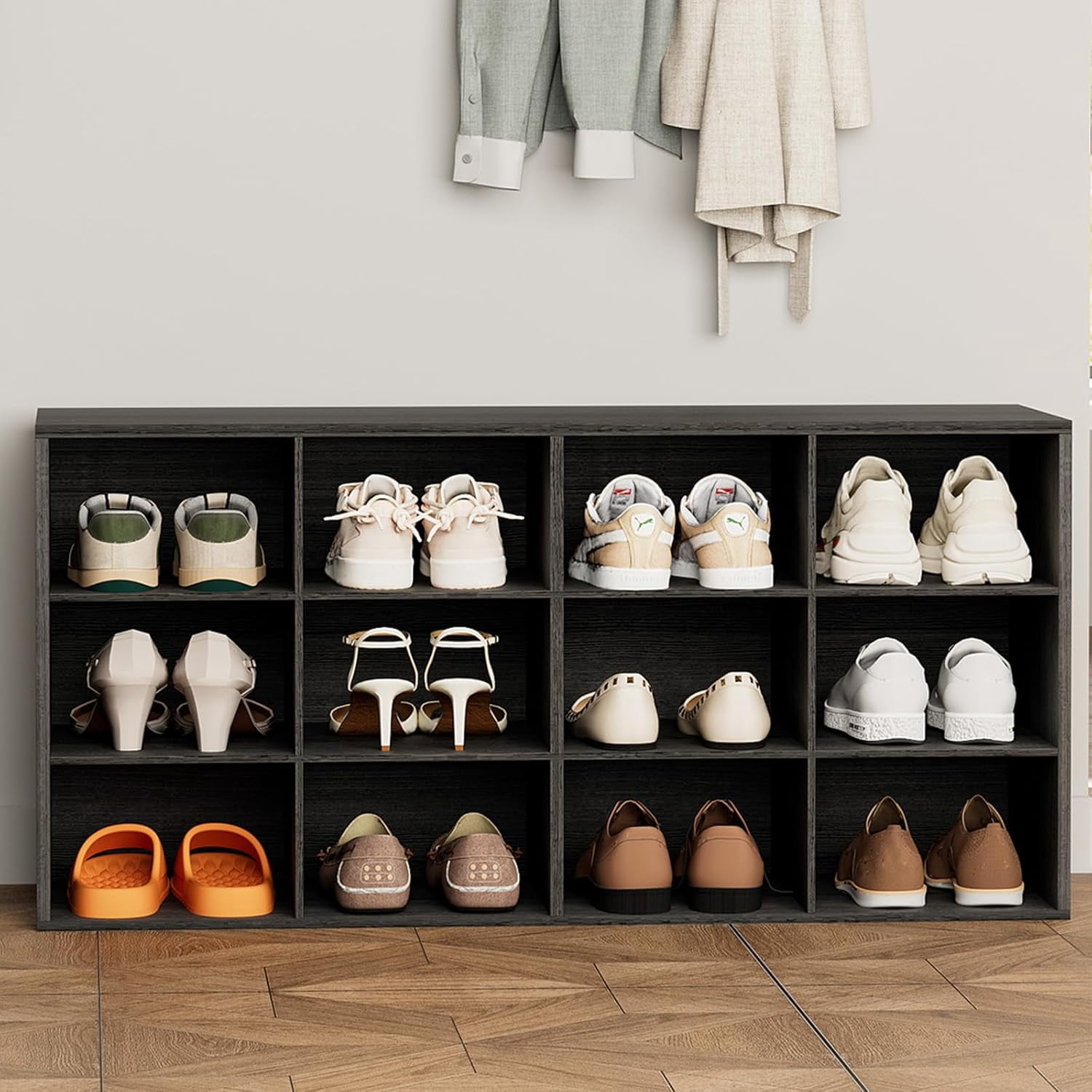 12-Cubby Shoe Rack, 3-Tier Wood Shoe Organizer, Multifunctional Shoe ...