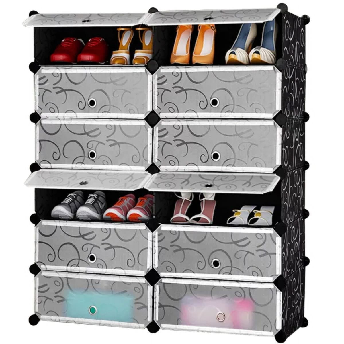 12 Cube Plastic Shoe Storage Organizer with Door, 18"*14"*7" Each Cube ...