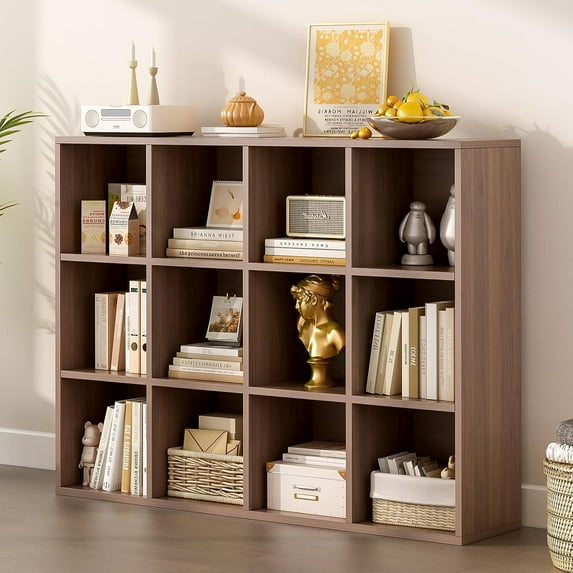 12-Cube Storage Shelf Bookcase - Wooden 3-Tier Floor Standing Open ...