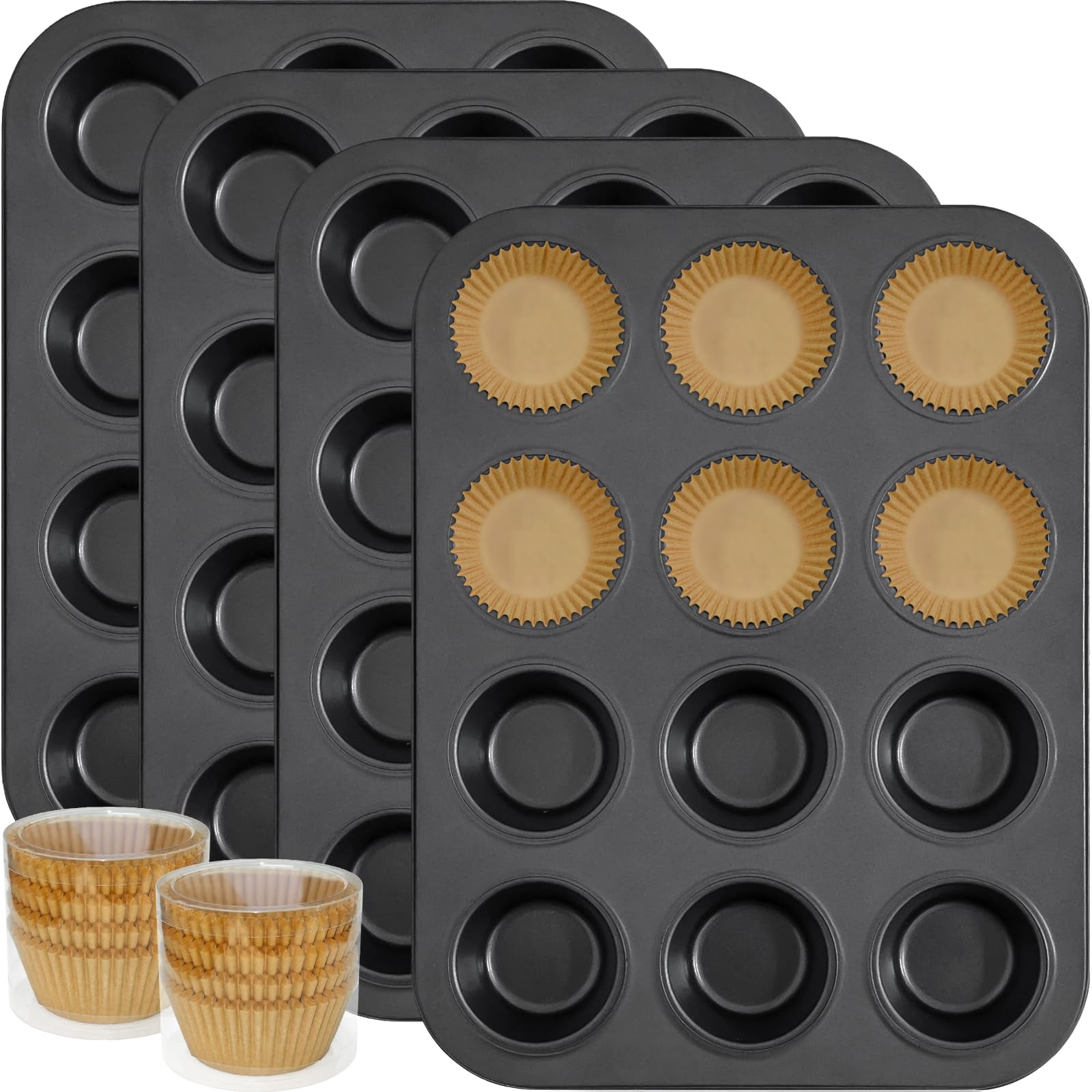 12 Cup Carbon Steel Muffin Pans, 4 Pack with 200 Cupcake Liners, Baking ...