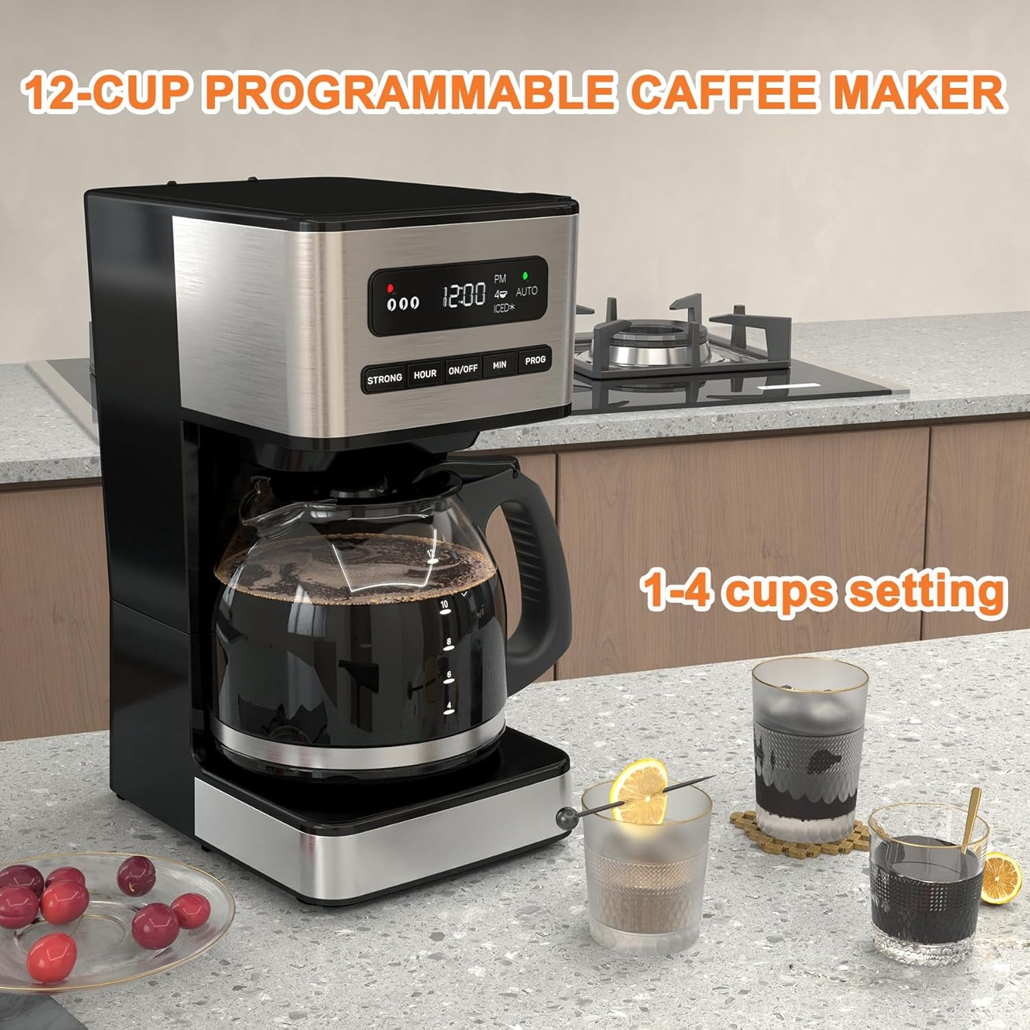 12-Cup Programmable Coffee Maker, Regular & Strong Brew Drip Coffee ...