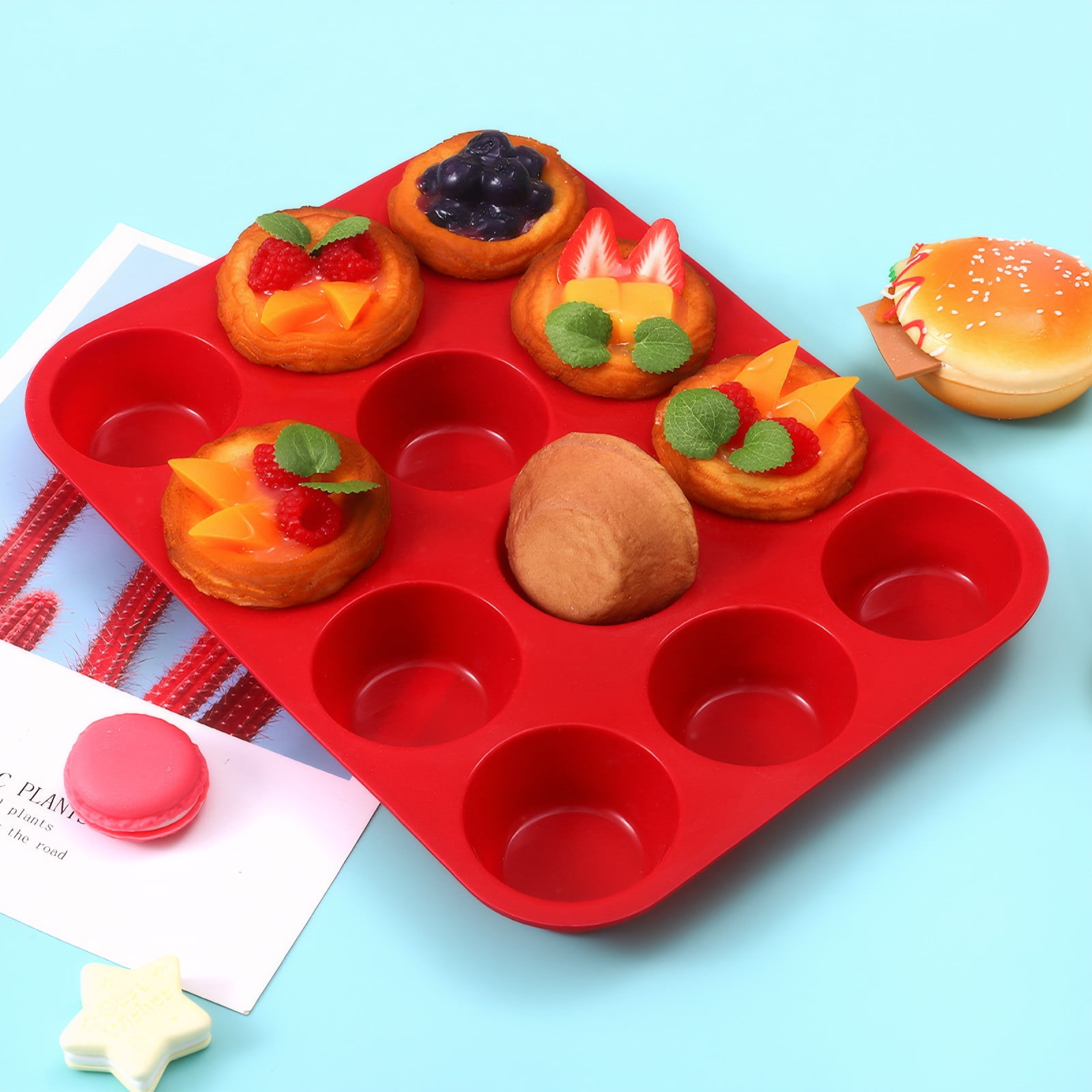 12-Cup Silicone Muffin Pan, Red Non-Stick Baking for Cupcakes Pudding ...