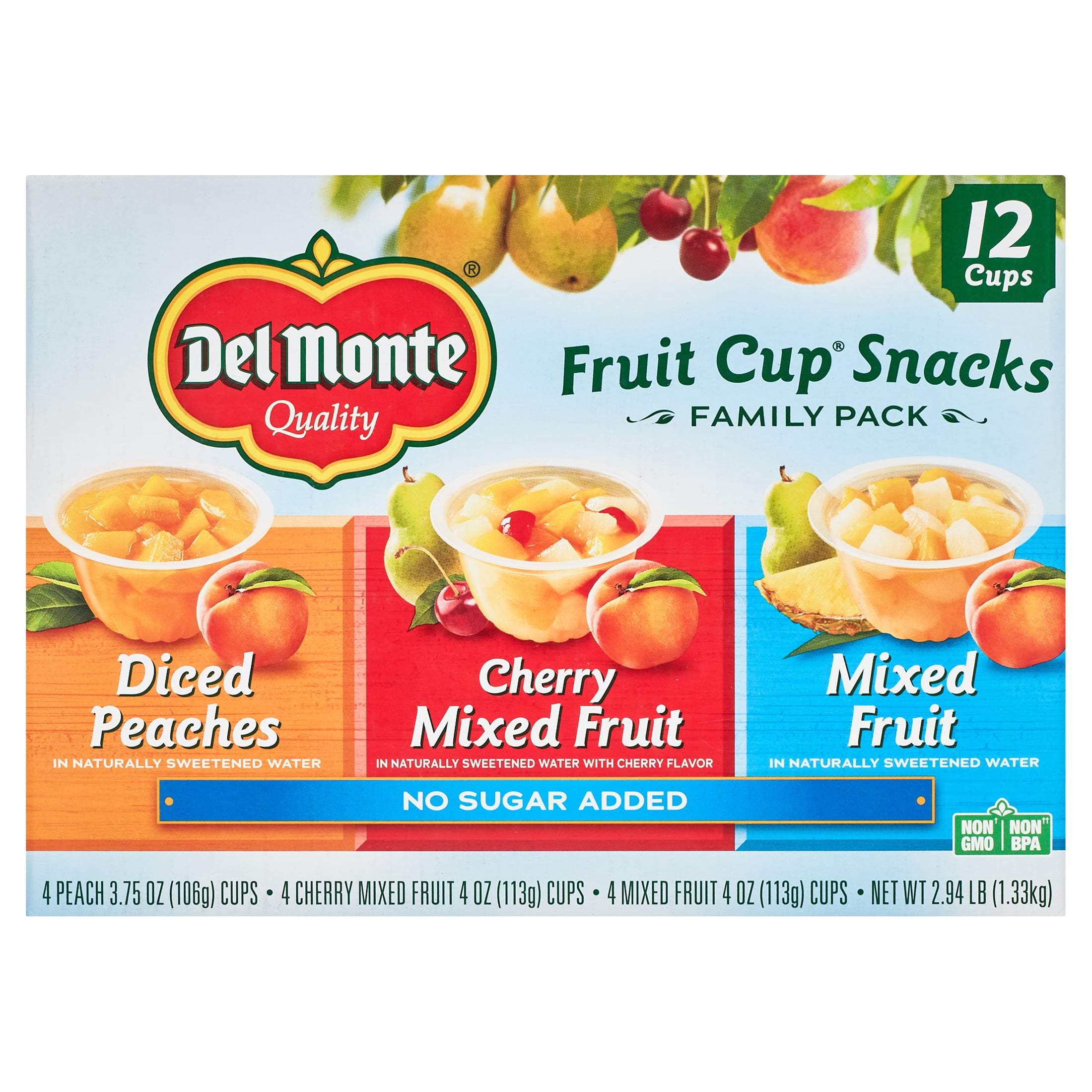 (12 Cups) Del Monte Fruit Cup Snacks, Family Pack, No Sugar Added, 4 oz ...