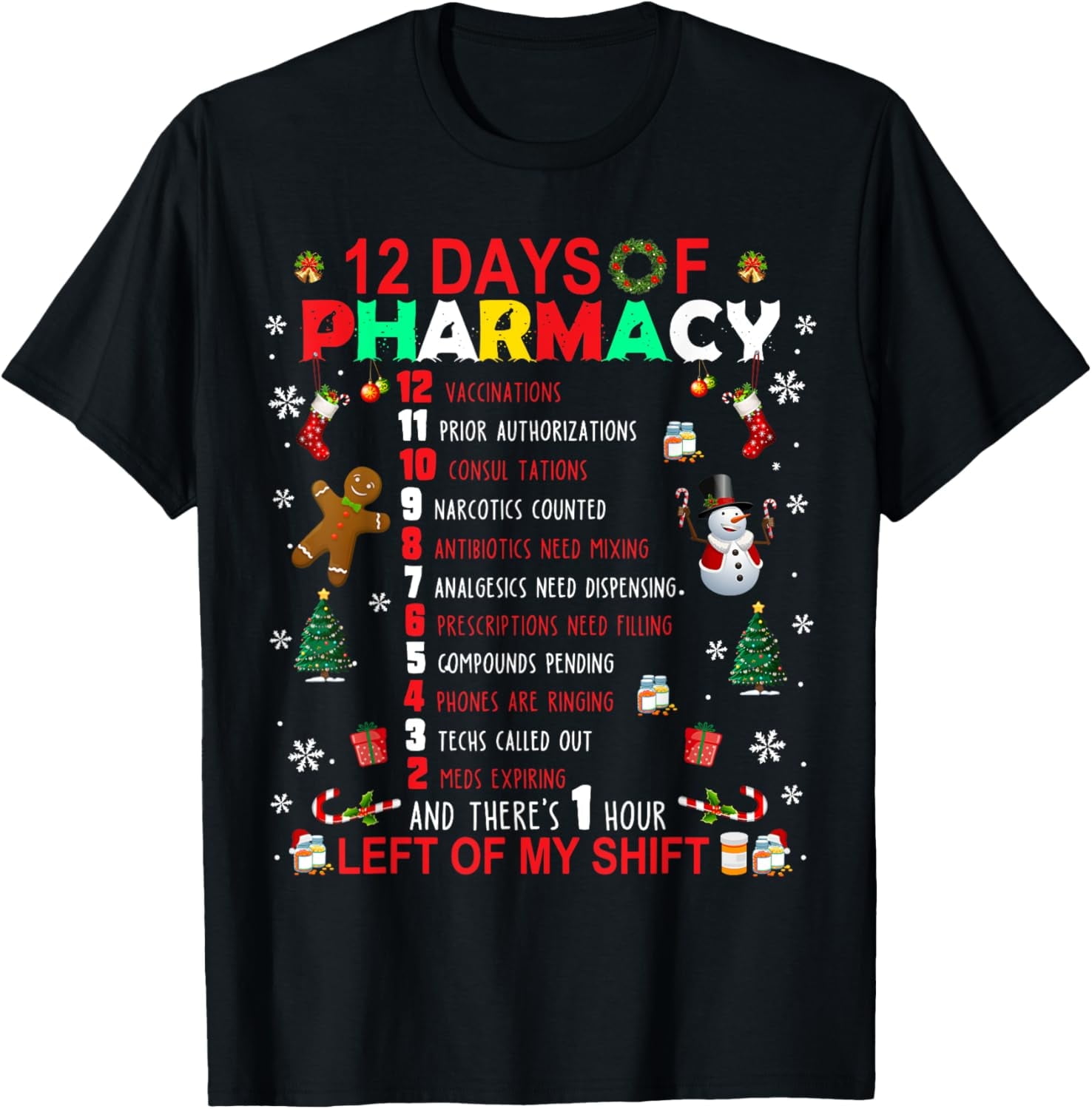 12 Days Of Pharmacy Funny Christmas Pharmacist Tech Xmas T-Shirt ...