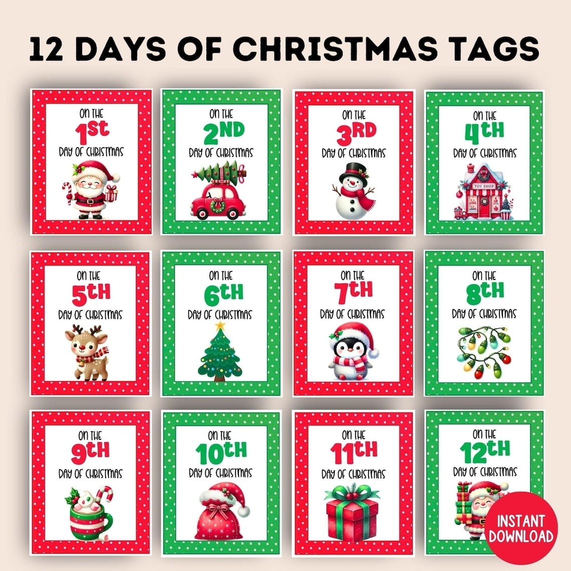 12 Days of Christmas Tag Collection – Countdown Gift Tags with Seasonal ...