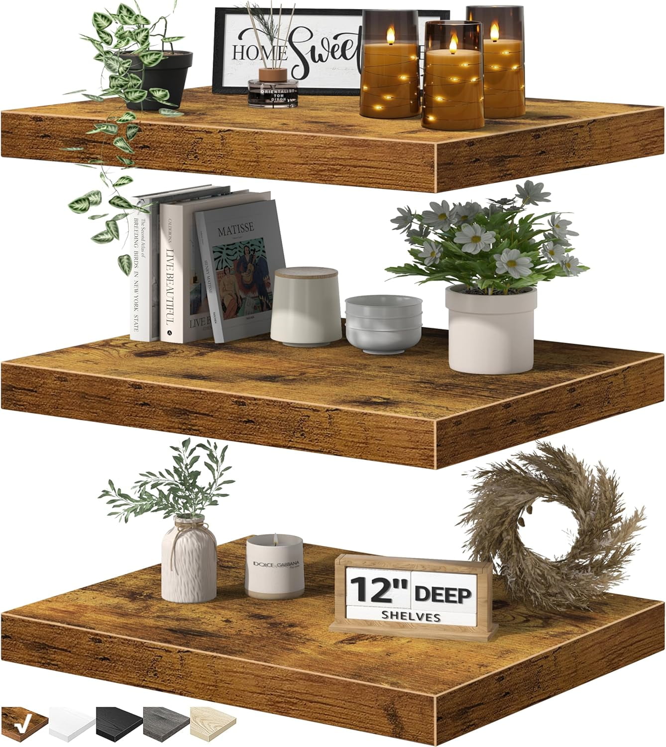 12" Deep Floating Shelves for Wall - 12 x 16 inch Book Shelf Bathroom ...