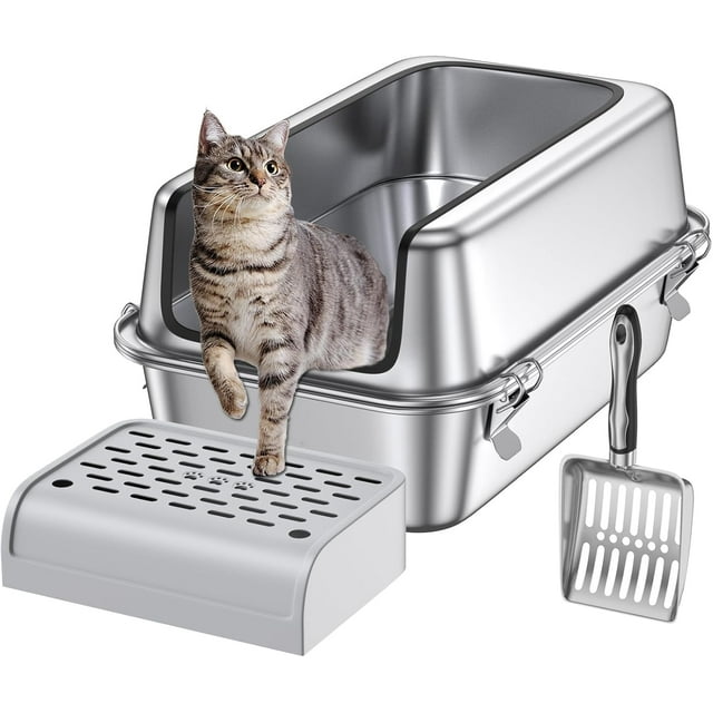 12" Deep Stainless Steel Cat Litter Box with Lid,XL Enclosed Cat Litter ...