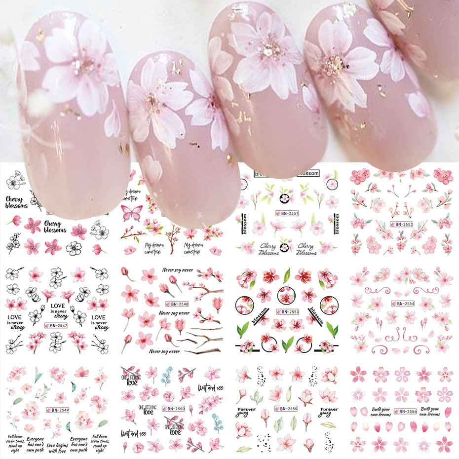 12 Design Sakura Flower Nail Water Stickers Pink Cherry Blossoms Nail ...