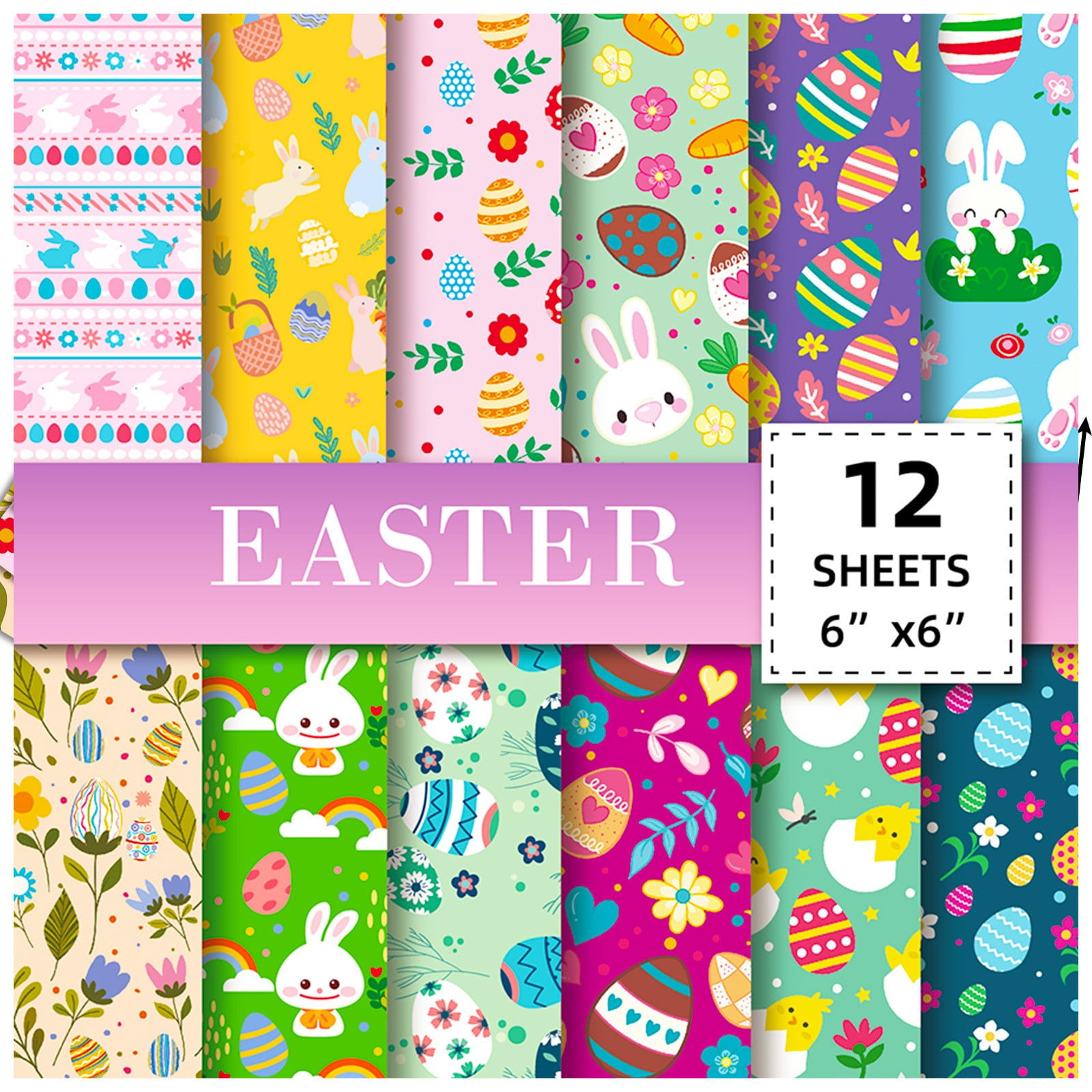 12 Designs Easter Pattern Paper 6 Sheet Easter Egg Bunny Chick Pastel ...