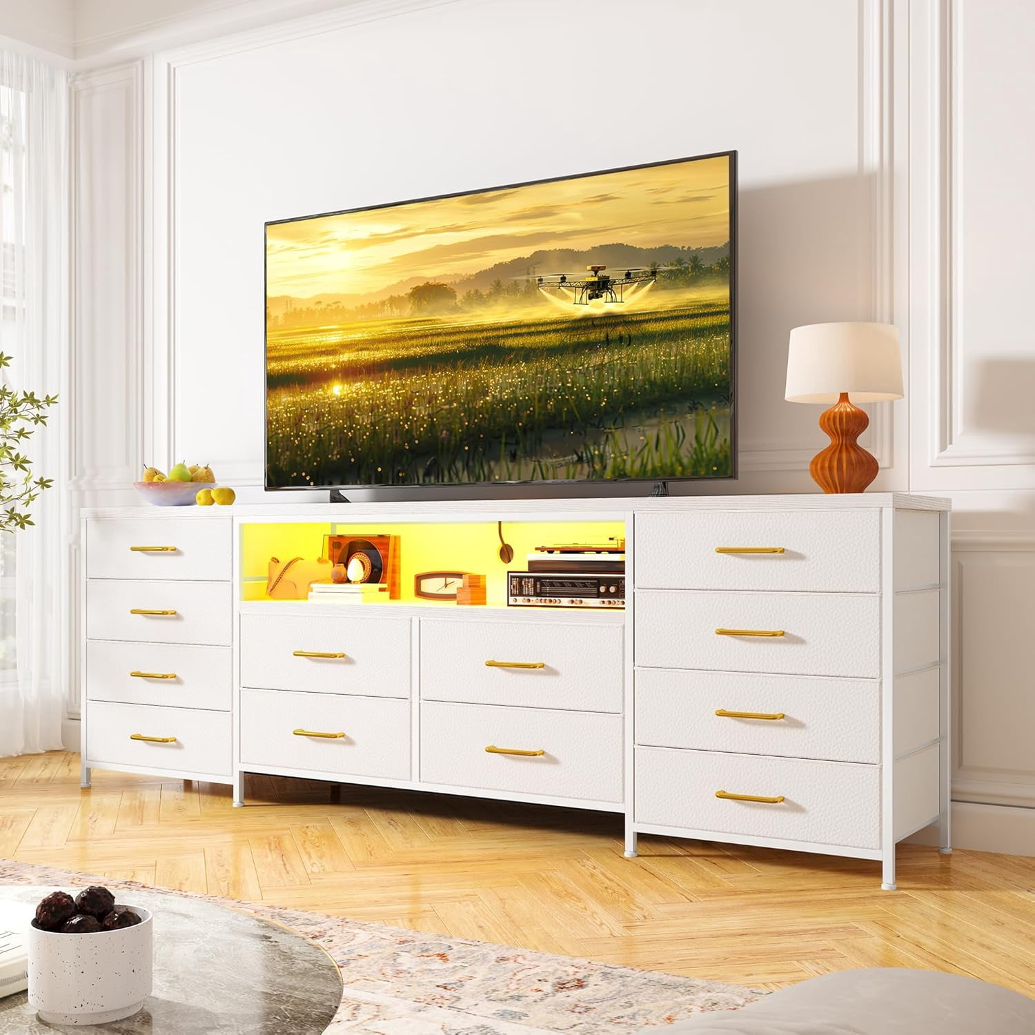 12 Drawer Dresser TV Stand for 65 70 75 Inch TV 63" W Extra Long White ...