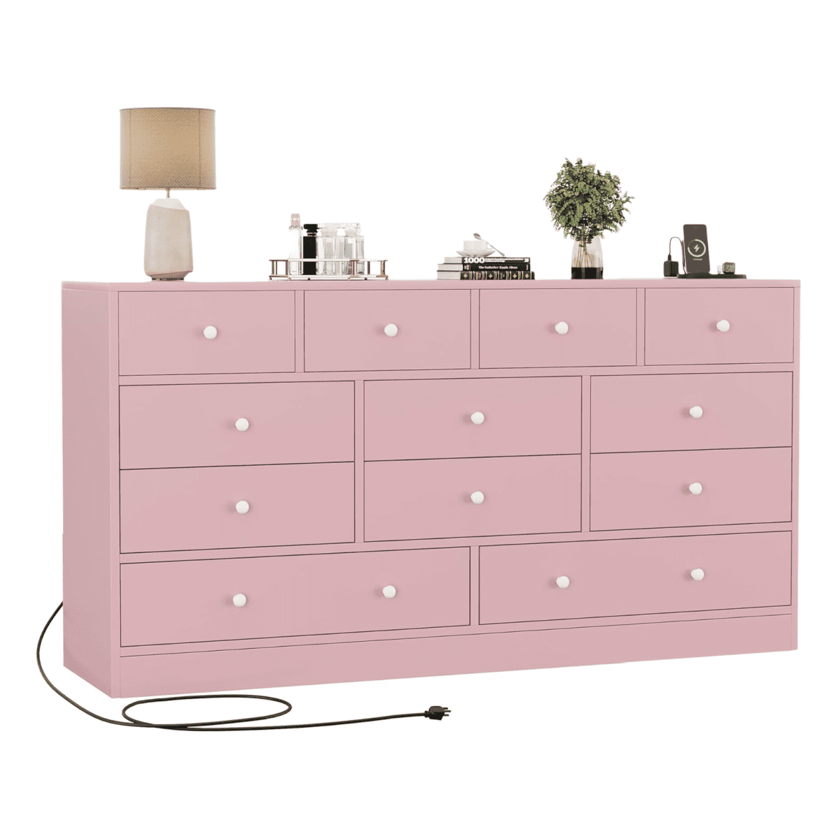 12 Drawer Pink Dresser for Bedroom, 61 Inch Wood Dresser with Power ...