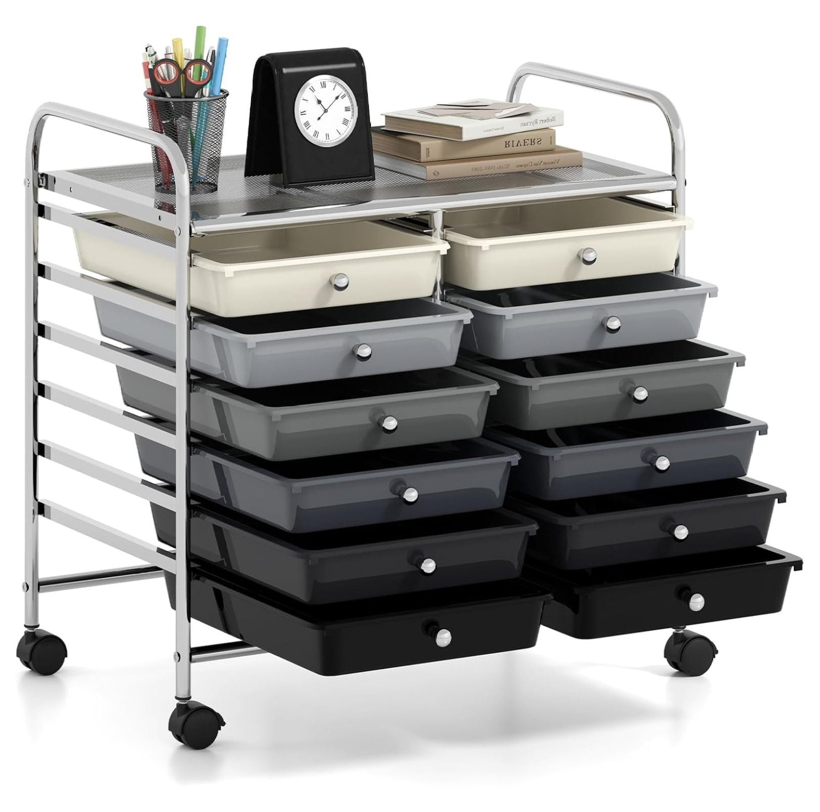 12 Drawer Rolling Storage Cart, Cart Organizer on Wheels w/Metal Frame ...