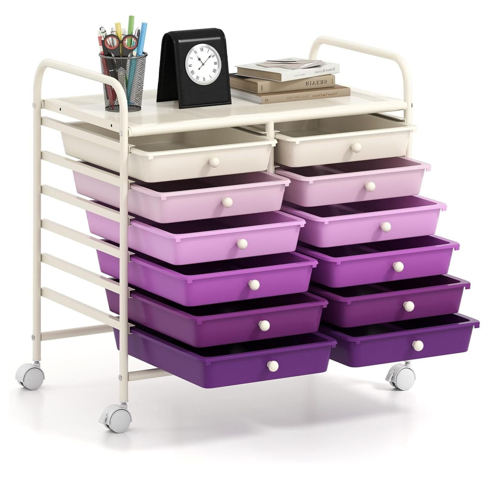 12 Drawer Rolling Storage Cart, Cart Organizer on Wheels w/Metal Frame ...