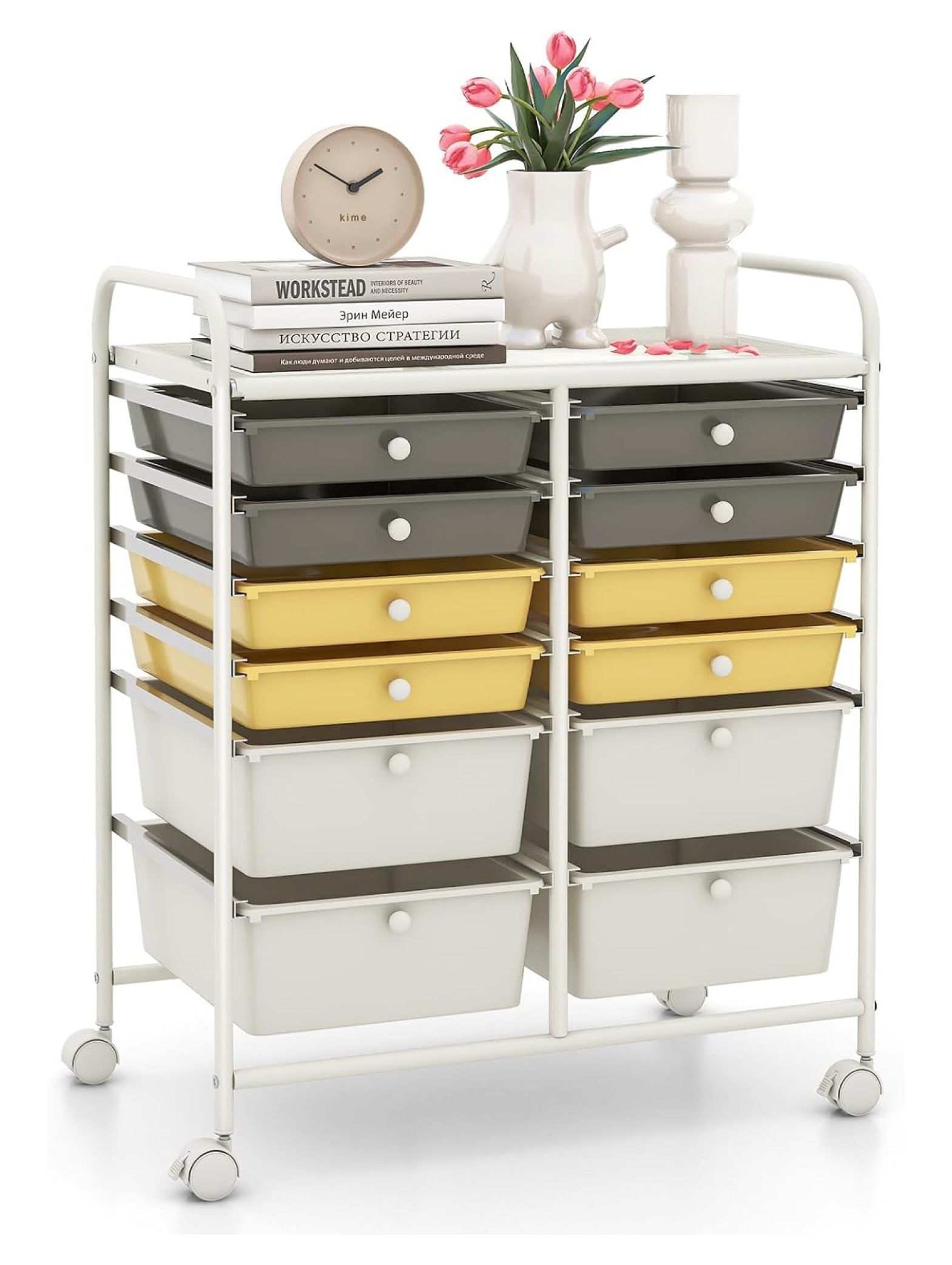12 Drawer Rolling Storage Cart, Cart Organizer on Wheels w/Metal Frame ...