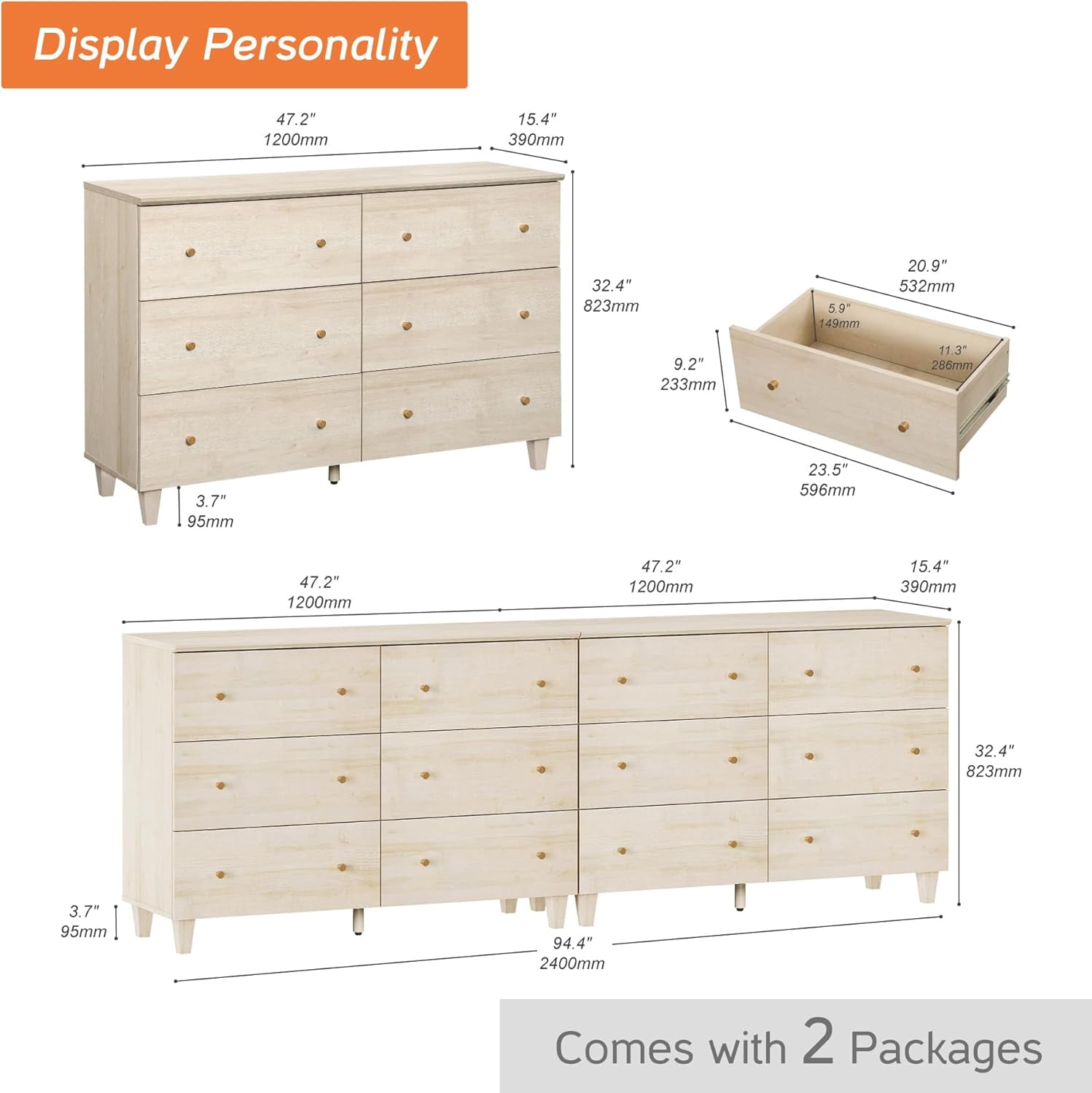 12 Drawer Wood Dresser for Bedroom, Extra Wide Chest with Solid Wood ...