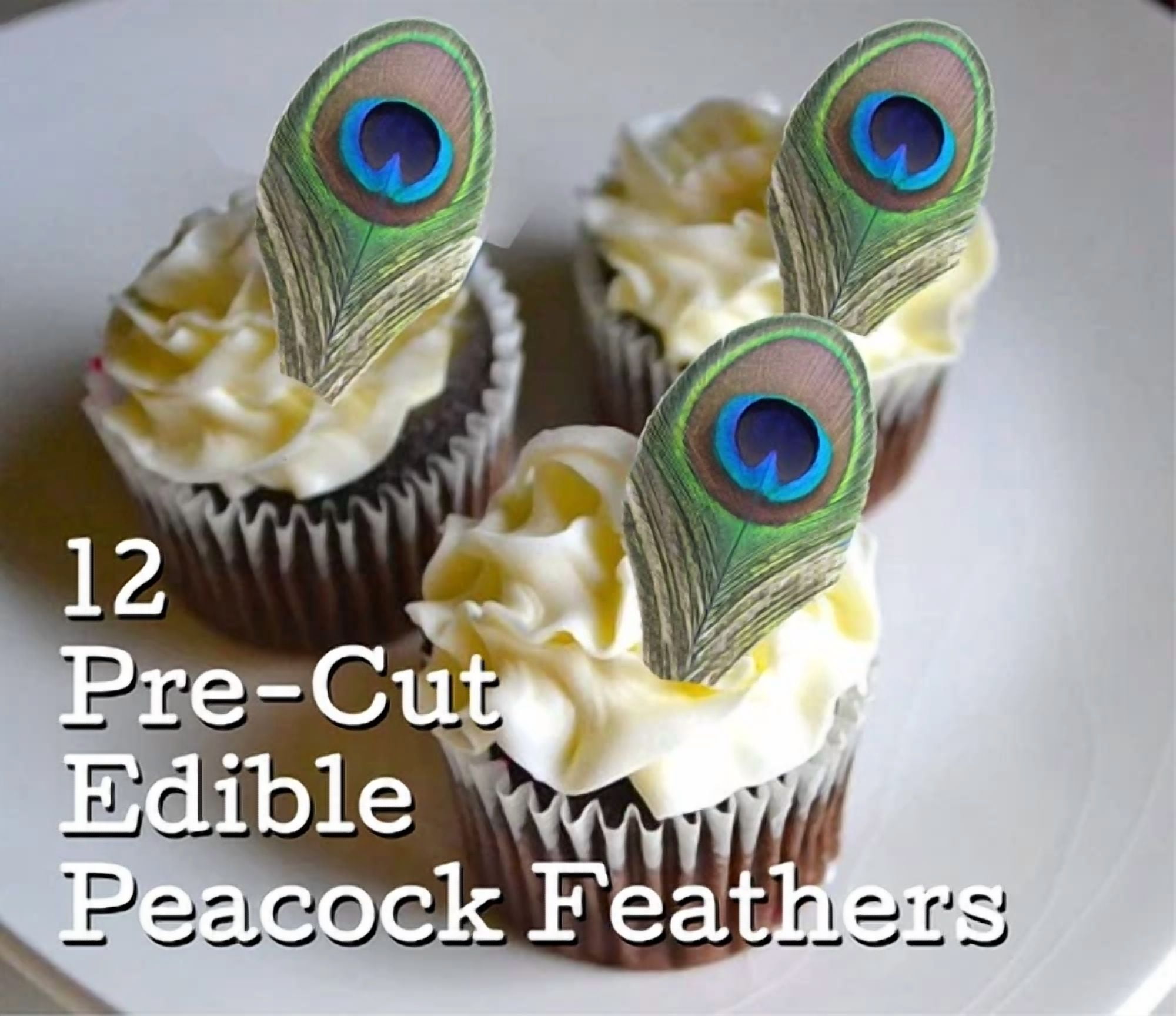 12 Edible Wafer Paper Peacock Feathers Cake Or Cupcake Topper, Cake ...