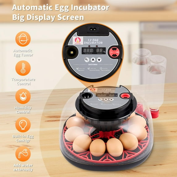 12 Egg Incubator with Auto Turn & Humidity Control, 360° View Poultry ...