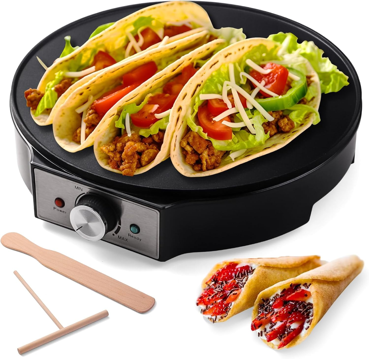 12'' Electric Crepe Maker & Griddle, Non-Stick Crepe Pan, Crepe Machine ...