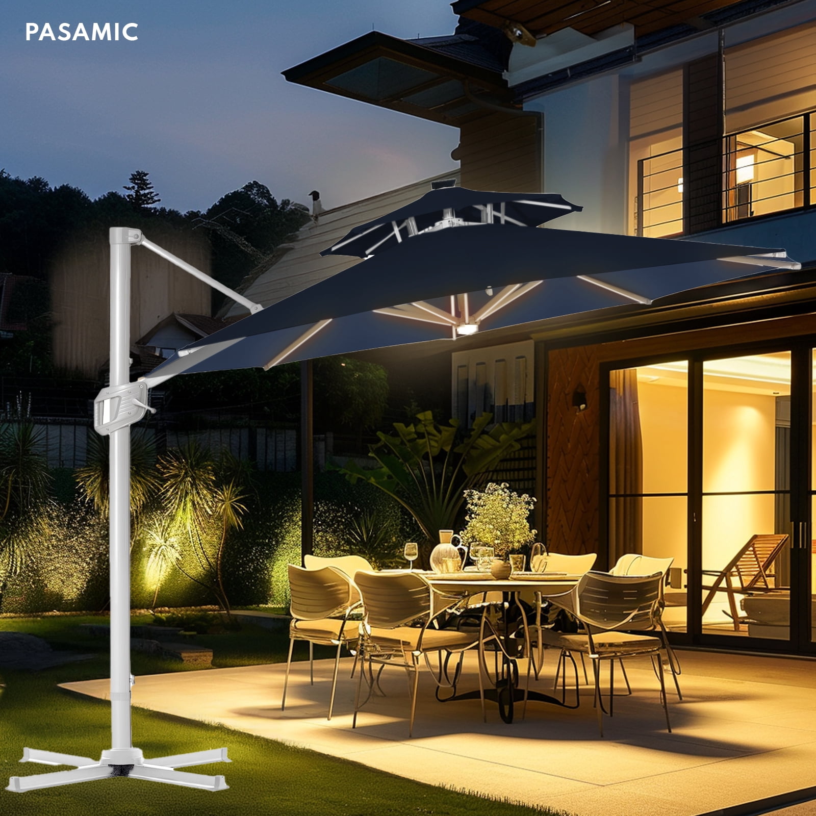 12 FT Double Top Solar Cantilever Umbrella LED Offset Umbrella with 15 ...
